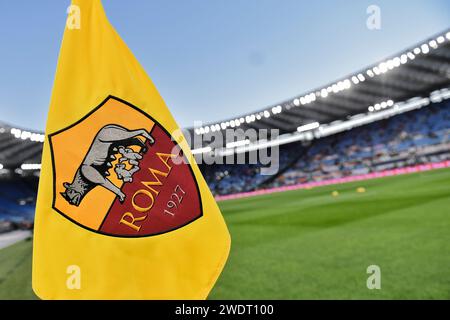 The crest of AS Roma is seen on a corner flag during the Serie A ...