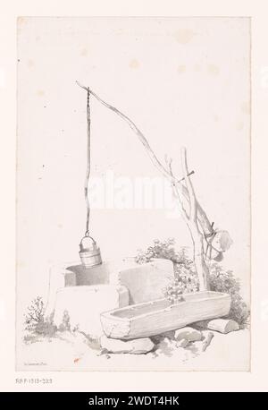 Water well with bucket and drinking trough, Drawing course with studies ...