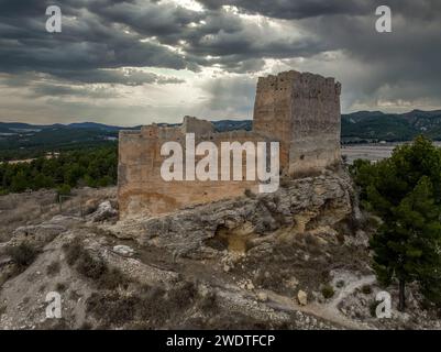 AERIAL VIEW. Medieval castle of Torre Alfina crowning the old village ...