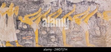 Egypt, Saqqara, tomb of Mehu, hathoric dance, and people clapping their ...