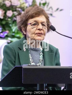 Holocaust survivor Janine Webber speaking during an event at the ...