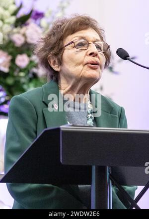 Holocaust survivor Janine Webber speaking during an event at the ...