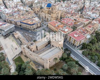 Aerial view of Elche (Elx) historic center, Altamira medieval castle ...