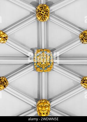 Boss on the ceiling in the nave of the medieval christian cathedral at ...