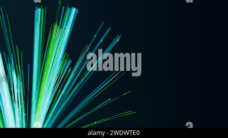 Illuminated cyan fiber optic cables with moving data. Glowing internet ...
