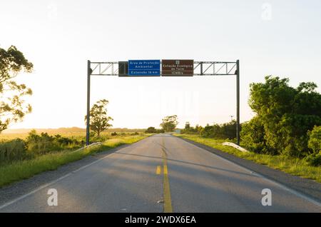Entrance sign to the environmental protection area of the Taim ...