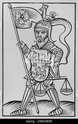 Saxon god Hermensul (Irmensul) in armour and carrying scales, presiding ...