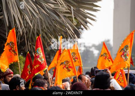 Zoomed shot showing crowd of people carrying flag celebrating the Pran ...