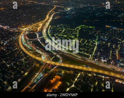 Aerial view of Dhaka Elevated Expressway at night in Dhaka, Bangladesh ...