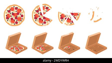 Eaten pizza set of animation sequence. Whole round pie with tomato ...