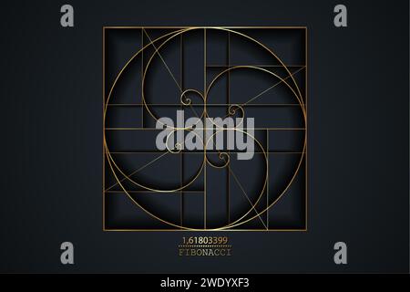 Golden ratio template. Gold logarithmic spiral in rectangle frame divided on lines. Fibonacci ...
