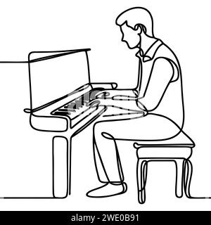 one continuous line drawing of a pianist playing a classic grand piano ...