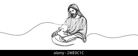 continuous one line drawing of Jesus Christ hugging a child. Vector ...