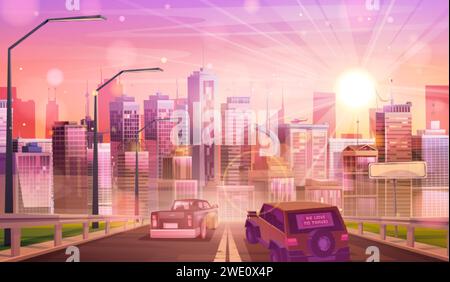 Road leads to downtown area with multistorey buildings at sunset or ...