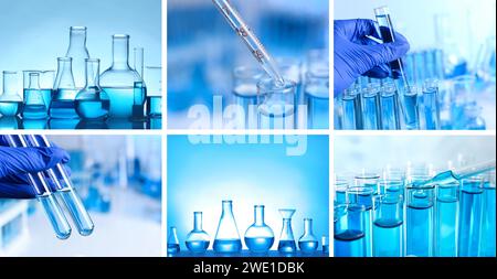 Laboratory glassware with samples and workers, collage Stock Photo - Alamy