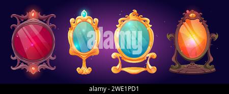 Magic vintage mirror with golden, wooden and metallic curly decorative ...