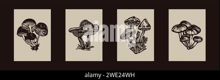 Handmade linocut mushroom vector motif clipart in folkart scandi style ...