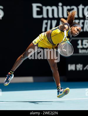Coco Gauff in action during her women's singles semi-final match against Lois Boisson on day ...