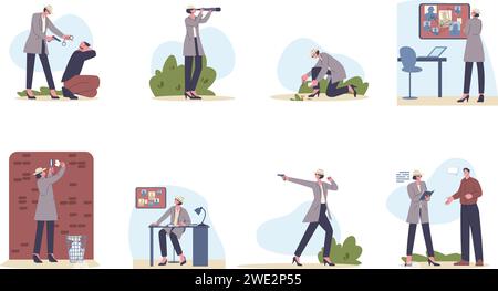 Detective scenes. Cartoon investigator character looking for homicide ...