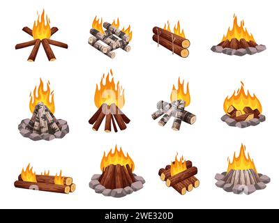 Different bonfires types. Burning campfires. Brushwood and firewood ...
