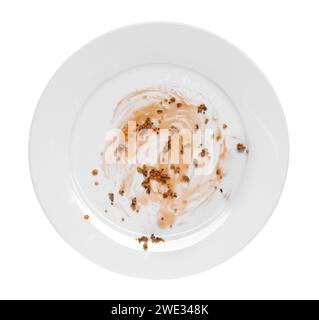 Dirty plate with smeared sauce on white background, top view Stock ...