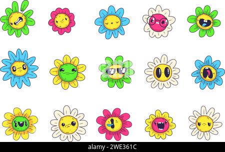 Groovy daisy flowers face collection. Retro chamomile smiles in cartoon style. Happy stickers ...