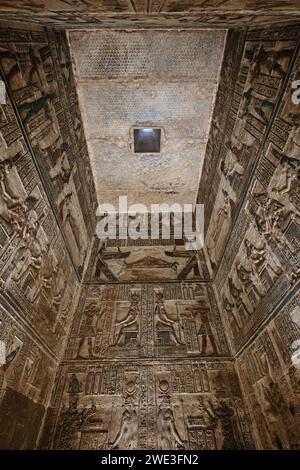 Qena, Egypt - December 27 2023: Interior of Temple of Hathor in Dendera Temple complex, one of ...