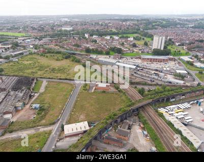 Aerial photograph of the main train line & disused viaduct in and out ...