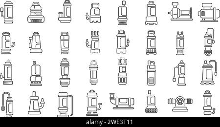 Submersible pump icons set outline vector. Water motor. Electric engine ...