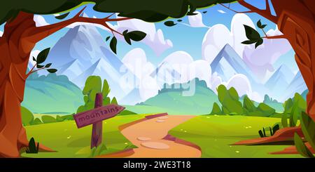 Outgoing path from forest to mountains. Cartoon vector summer landscape ...