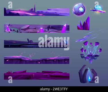 Game ui elements set with floating ground platform with green grass ...