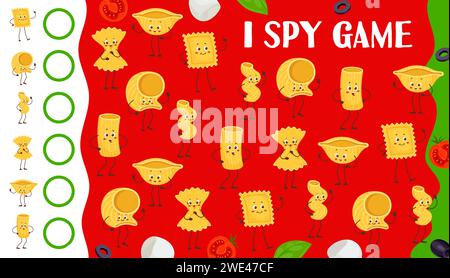Italian pasta characters i spy game vector worksheet. Puzzle quiz or ...