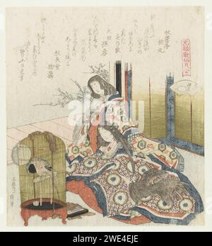 Two birds in a cage sit on a small table against a plain wall indoors ...