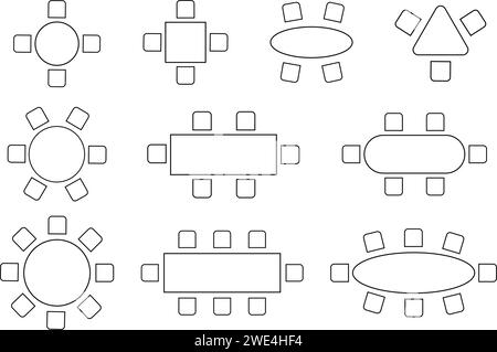 Round table with chairs icons in line art style. Table for business ...