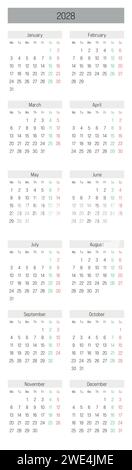 2028 year calendar. The week starts on Sunday. Desk planner template ...