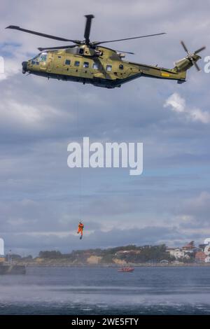Military transport helicopter flies cloudy sky accompanied attack ...