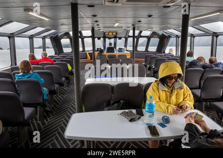Interior view of a Realnz passenger ferry crossing Lake Manapouri ...