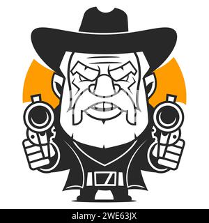 Cowboy sheriff bust or head on hat in engraving style. Hand drawn ink ...