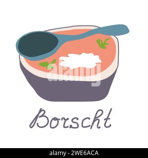 Borscht, traditional Ukrainian beet soup, with slice of rye bread and ...