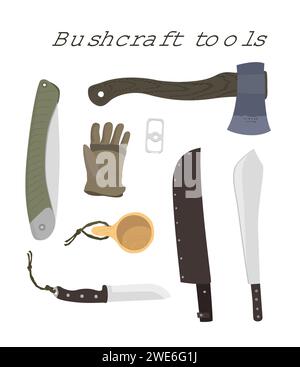 Bushcraft tools: saw, knife, ax. Set of drawings. Editable layered eps ...