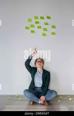 hand pointing at adhesive notes on glass wall at workplace. Sticky note ...