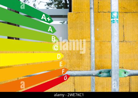 Insulation of a facade with mineral fibre boards, graphic with energy ...