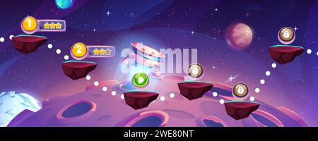 Game level map with floating islands and star rating, flying spaceship ...