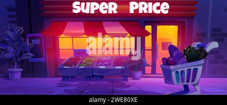 Supermarket building facade at night. Vector cartoon illustration of ...