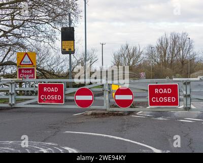 Road closed signs at Earith Cambridgeshire due to flooding. This is ...