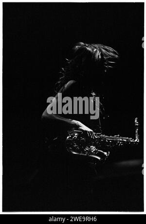 Abi Harding, saxophonist with THE ZUTONS at Cardiff Welsh Club ...