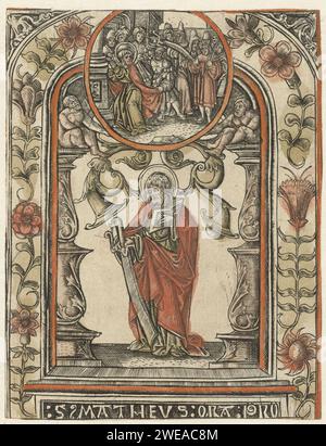 Evangelist Mattheus with halberd in frame with architecture ornaments ...