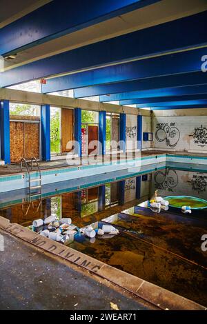 Abandoned Swimming Pool with Graffiti and Debris, Urban Decay Scene ...