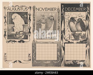 Calendar magazines from August, November and December, with birds, Theo ...