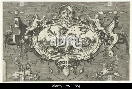 Cartouche with a fedel playing Triton, 1564 print Cartouche with a ...